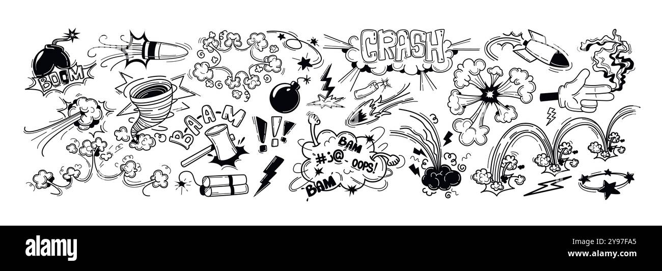 Doodle hand drawn bomb explosion with boom crash effect. Comic book ...