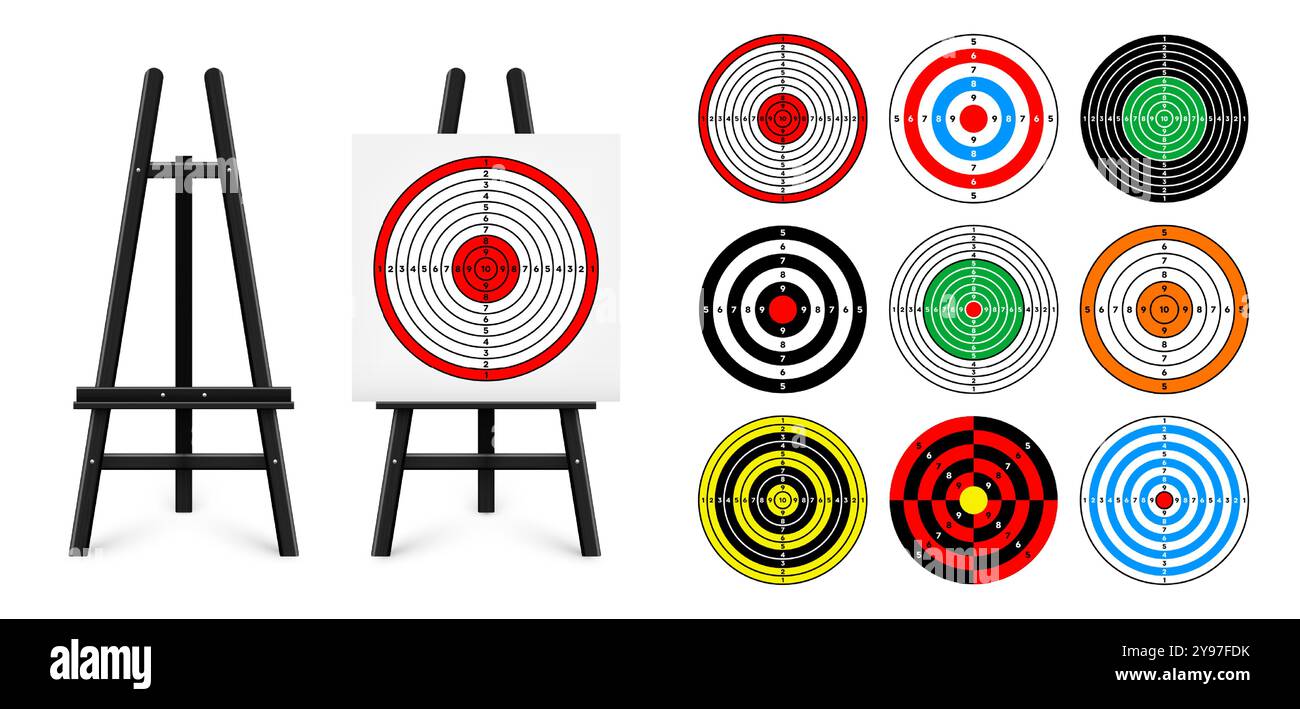 Shooting range target on a wooden easel stand. Paper target with ...