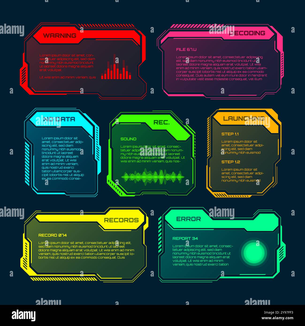Futuristic HUD or UI elements. Sci-fi user interface text boxes, callouts. Colorful warning ...