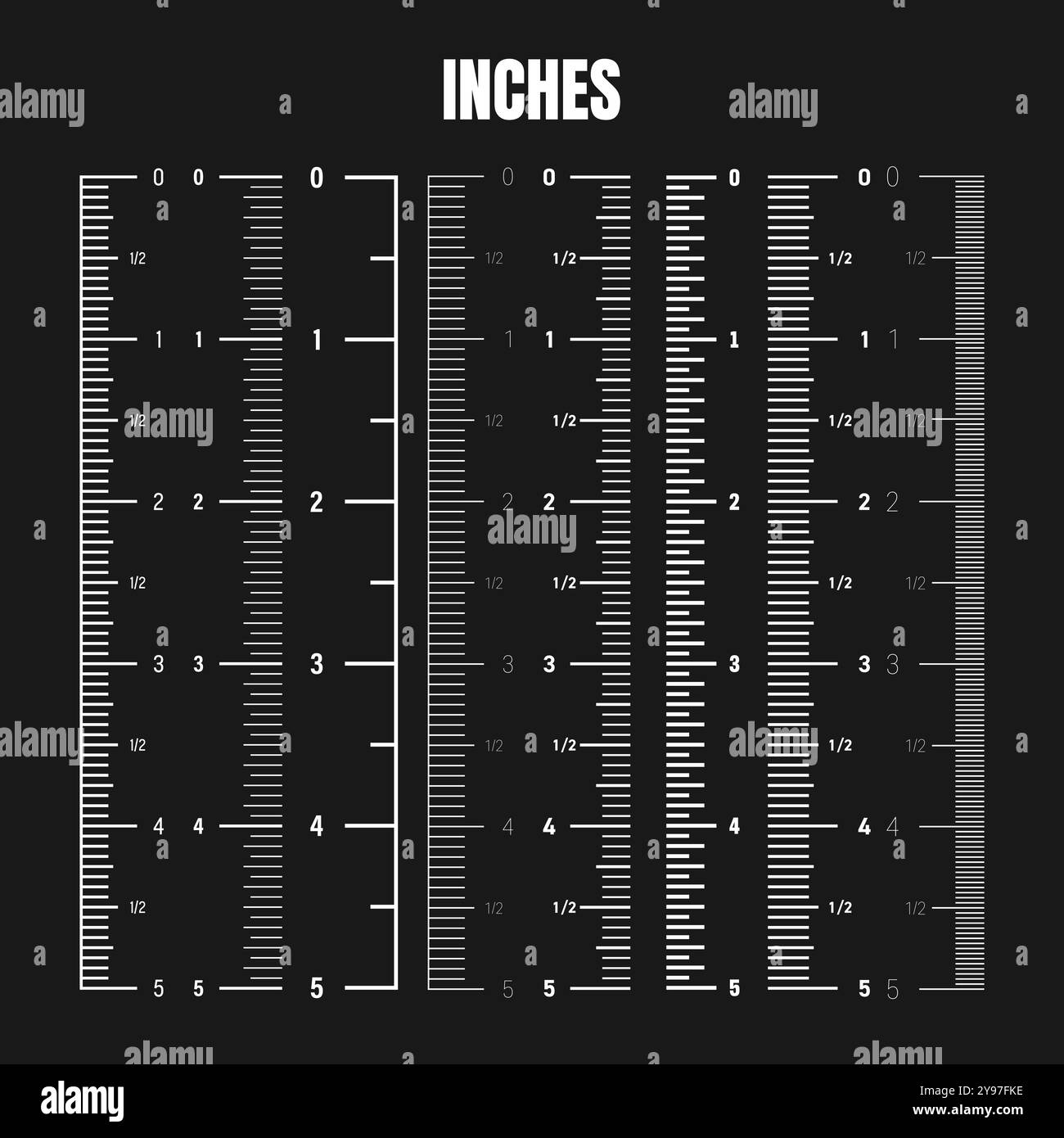Vertical inch scale for measuring length or height. Various measurement scales with divisions ...