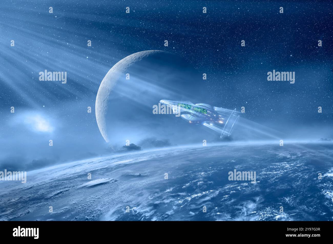 Futuristic Noah's ark UFO spaceship above Earth with starfield and ...