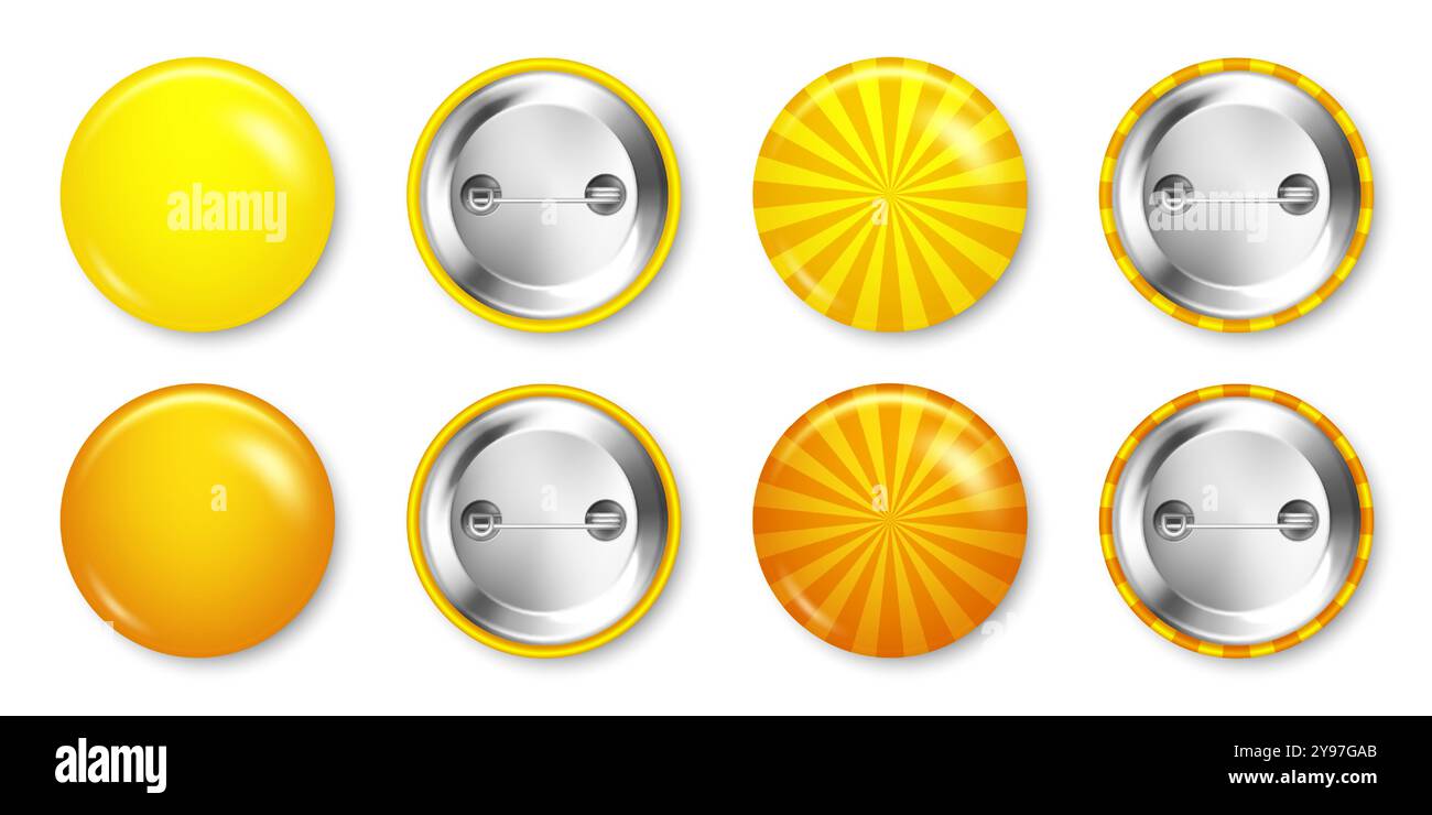 Realistic colorful funky badges. Sunburst effect. Glossy 3D round ...