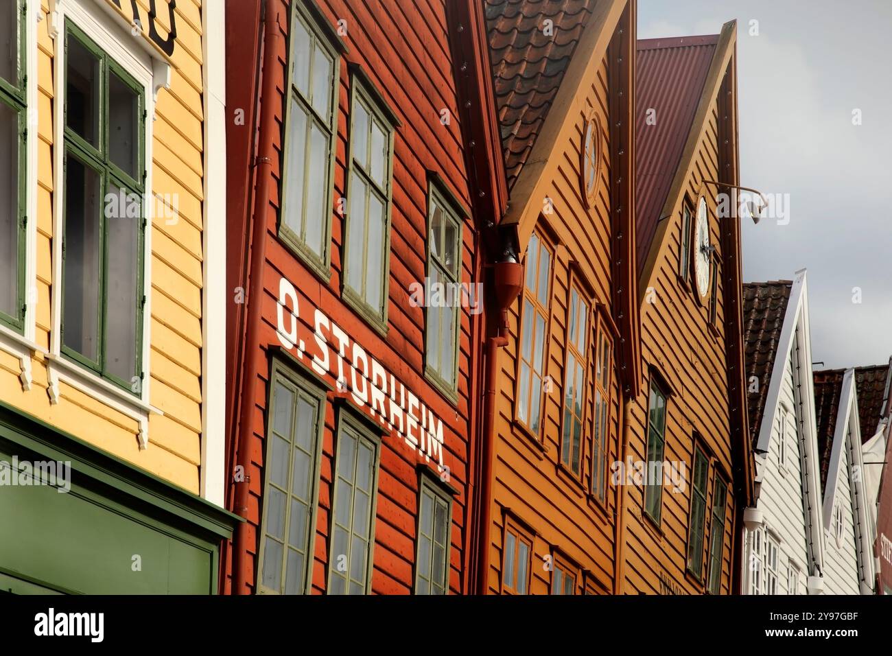 Traditional timber buildings at the Hanseatic Wharf, Bryggen, Bergen ...
