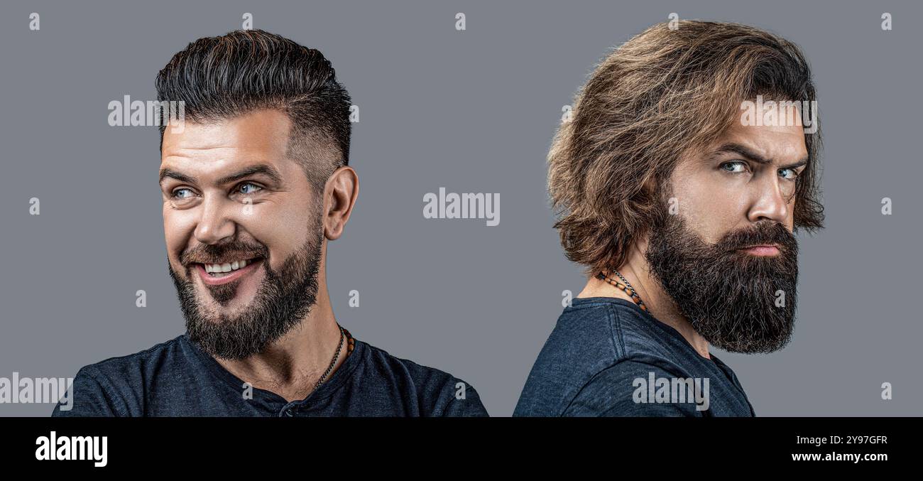 Hair, beard before and after haircut in barbershop. Shaved vs unshaven ...