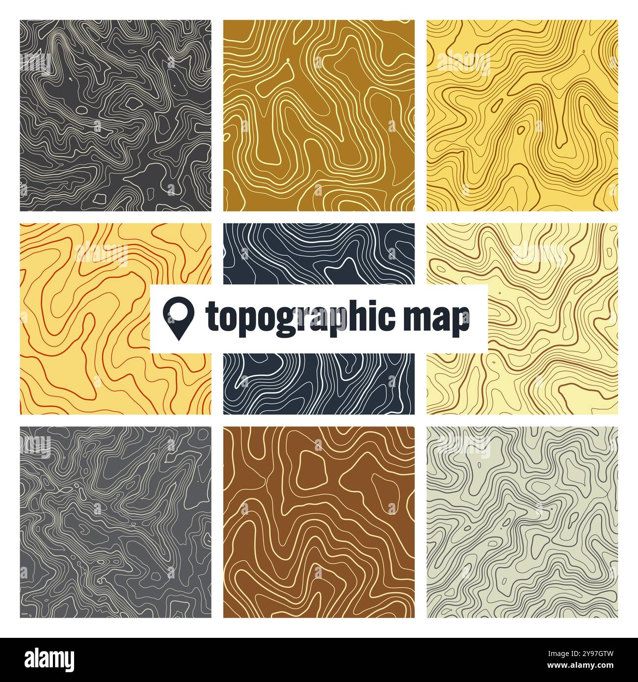 Colorful topographic map with contour lines. Geographic terrain grid, relief height elevation ...