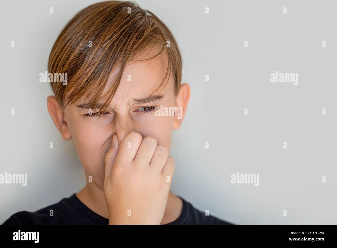 Bad smell expression. Kid smelling stinky and disgusting, intolerable ...
