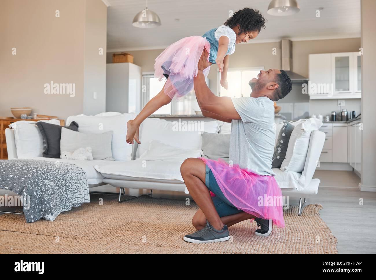 Father, girl and child with ballet, lift and happy in profile for ...