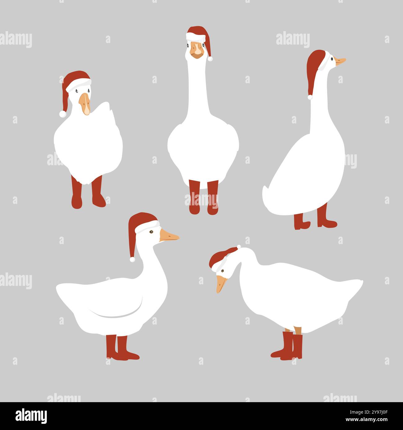 Cute cartoon goose set in Santa Claus hat and red boots. Merry ...
