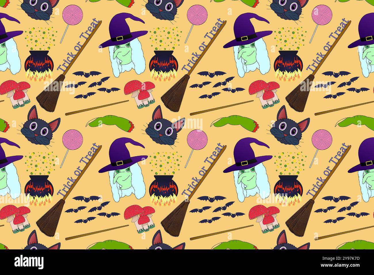 Seamless Halloween pattern featuring witches, cats, brooms, bats, and ...
