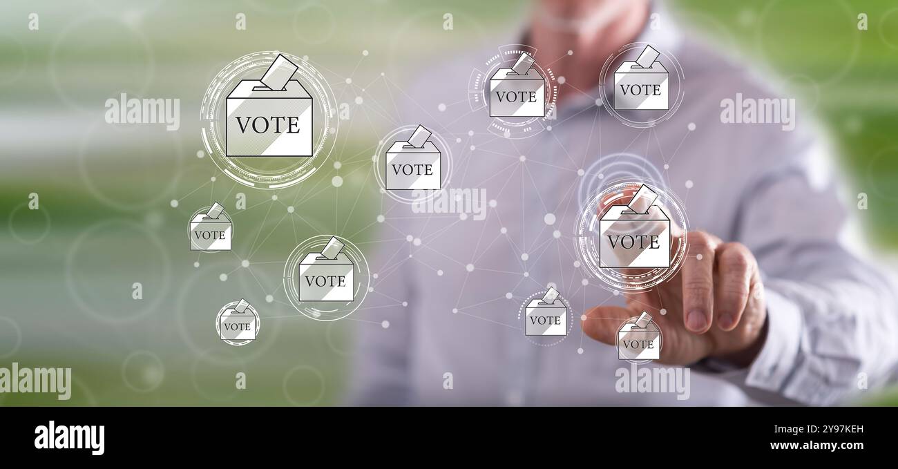 Man touching an online voting concept on a touch screen with his finger ...
