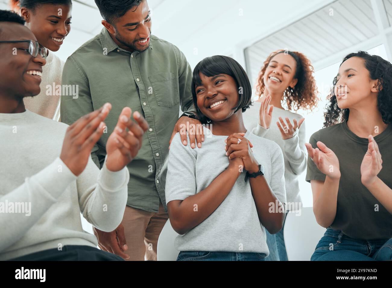 Office, business people and woman with applause for promotion, workshop ...