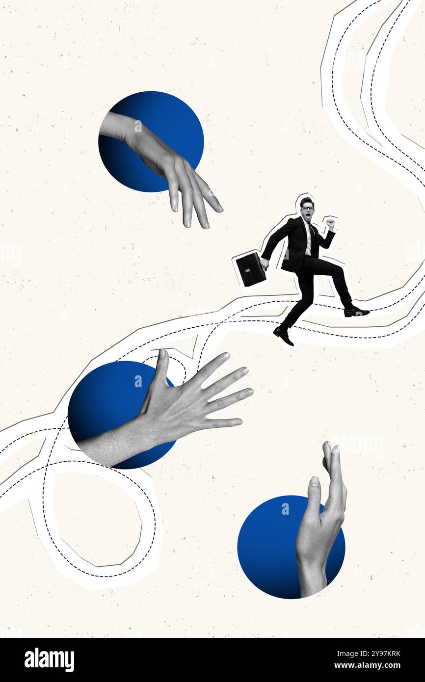 Vertical photo collage of angry scream man run hands threat bullying ...