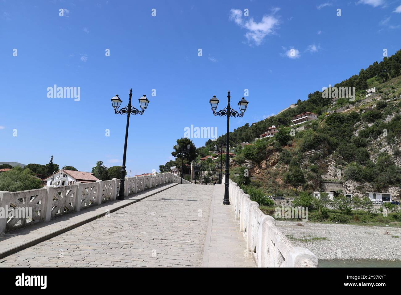 View of the Gorica Bridge-Ura e Goricës over the Osum river in the city ...