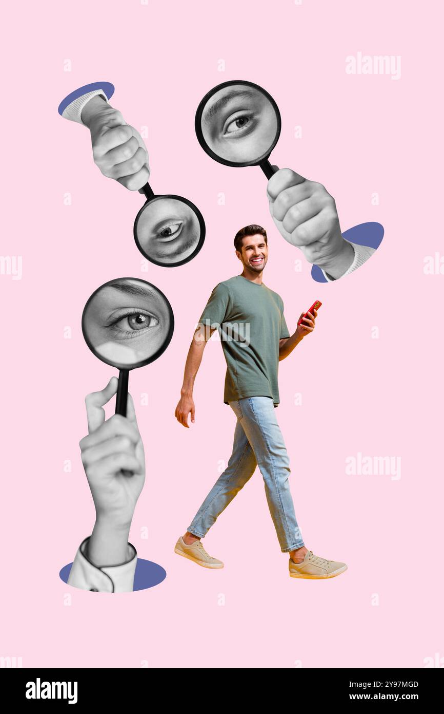 Composite collage image of young man eyes social media spying magnifier ...