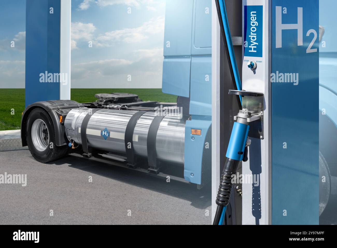 A hydrogen fuel cell semi truck with H2 gas cylinder onboard next to ...