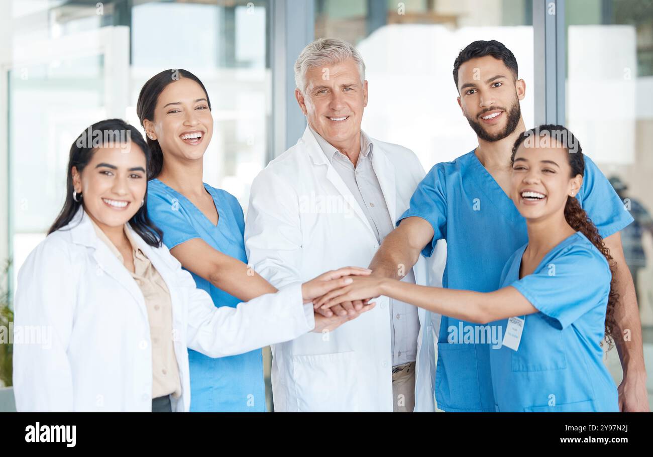 Hospital, medical team and smile with huddle for teamwork, collaboration and synergy. Clinic ...