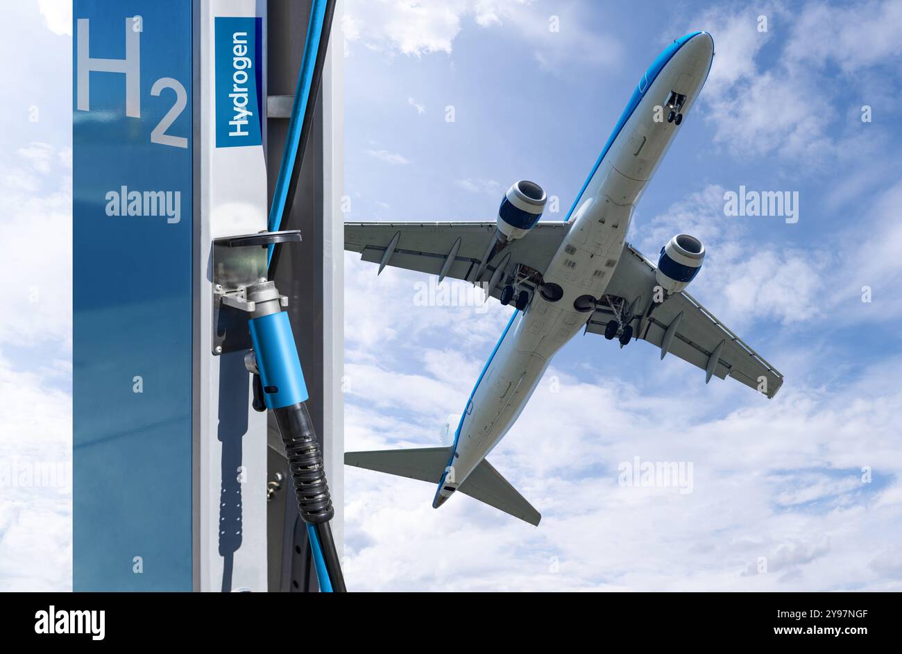 Fuel nozzle with the inscription Hydrogen on a background of airplane ...