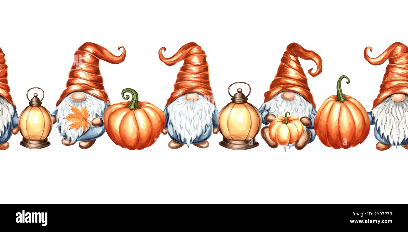 Gnomes with pumpkins and lanterns. Autumn seamless border. Fall repeat ...