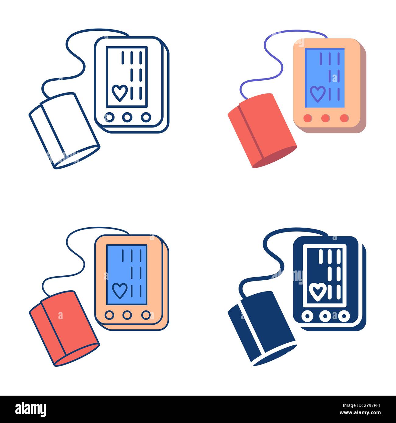 Blood pressure monitor icon set in flat and line style. Tonometer ...