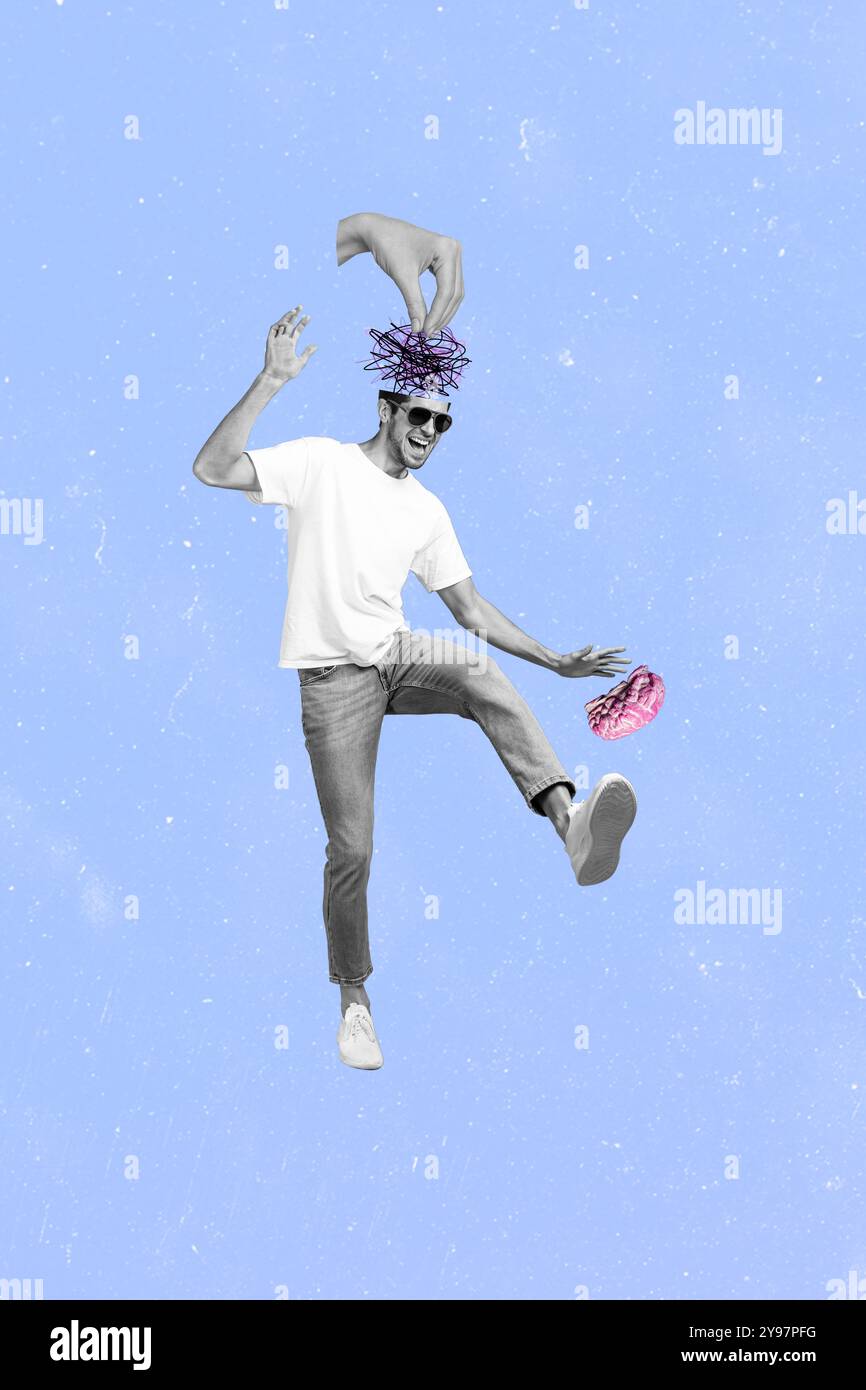 Vertical photo collage of happy man push brain organ hand control cut ...