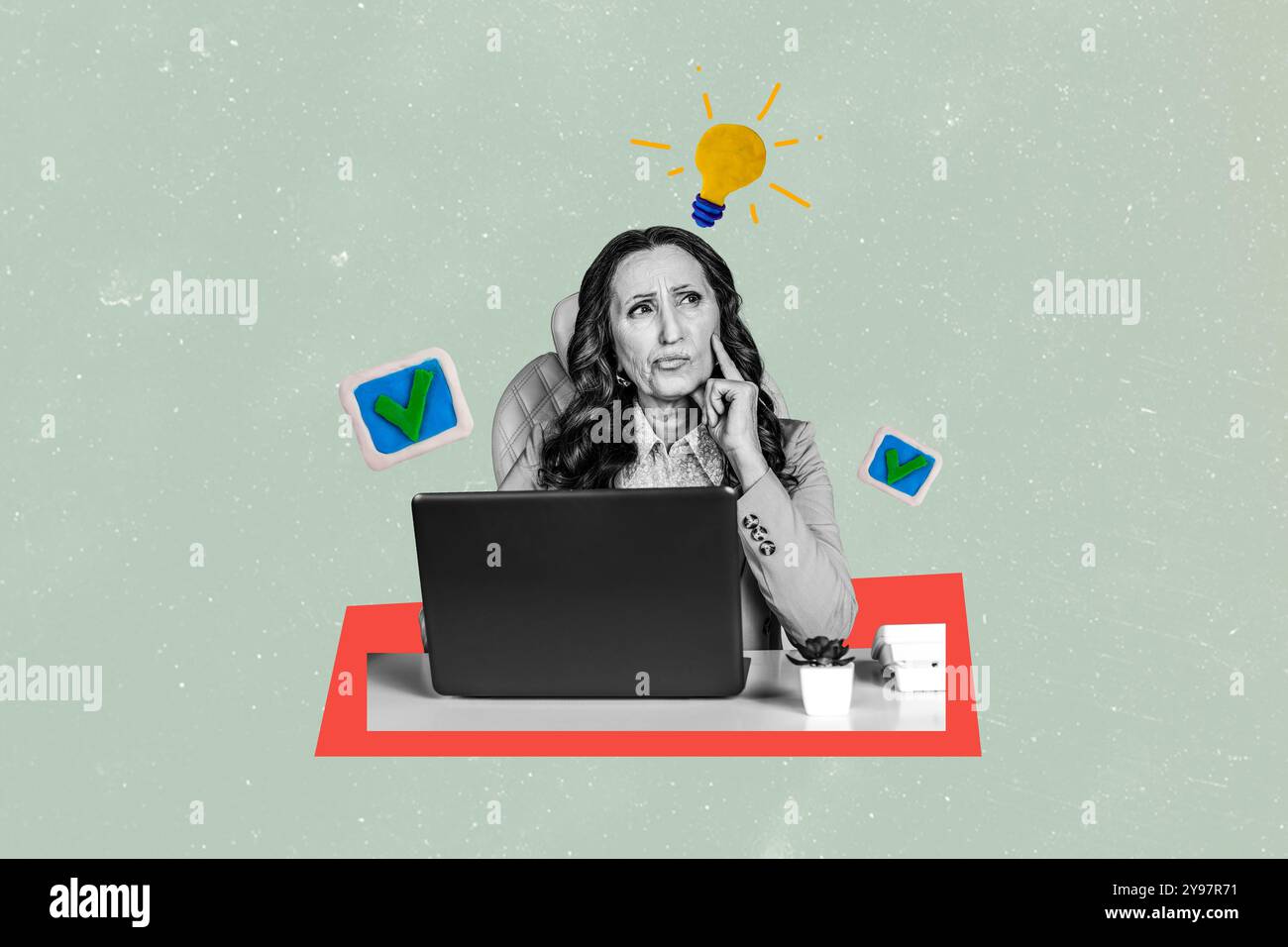 Composite photo collage of thoughtful old woman light bulb business ...