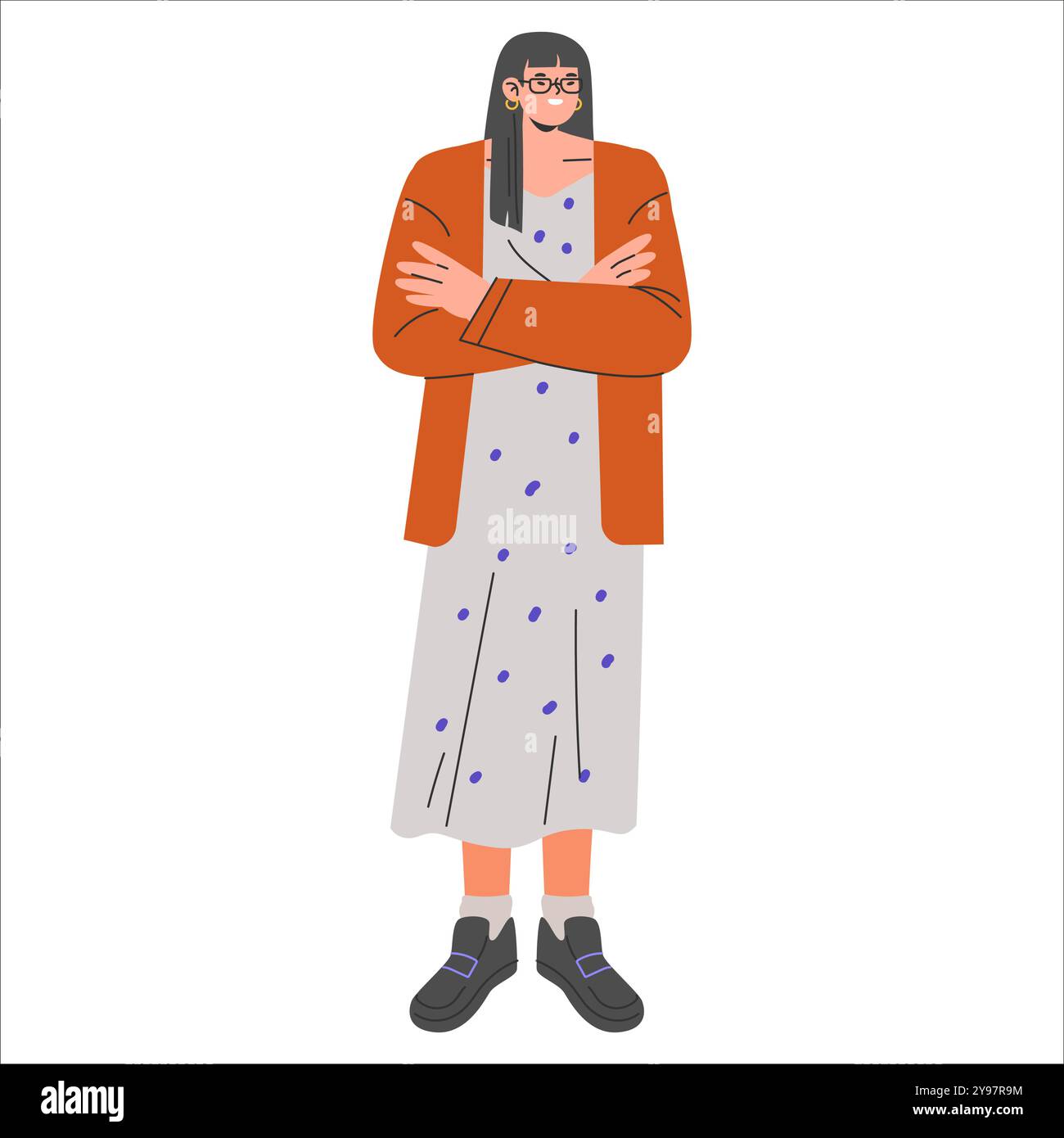 Confident businesswoman in a fashionable outfit stands with arms ...