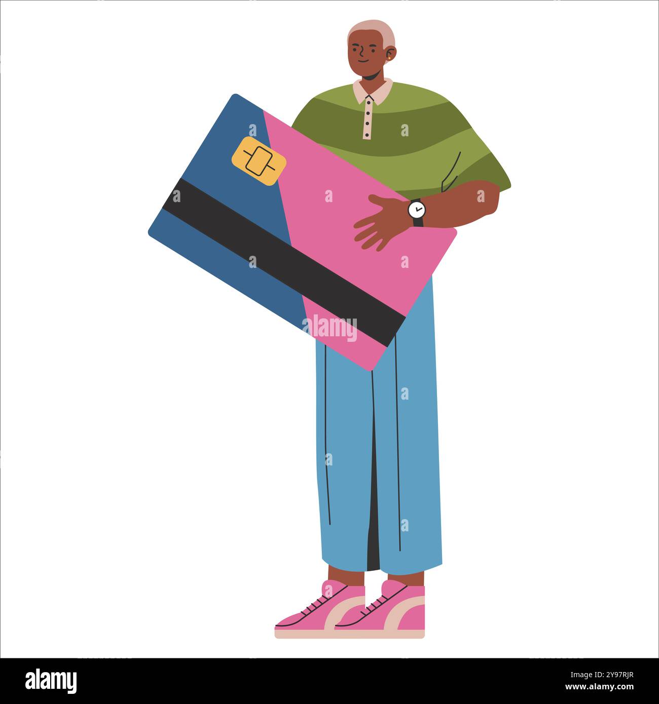 Young businessman holding a giant credit card, conveying financial ...