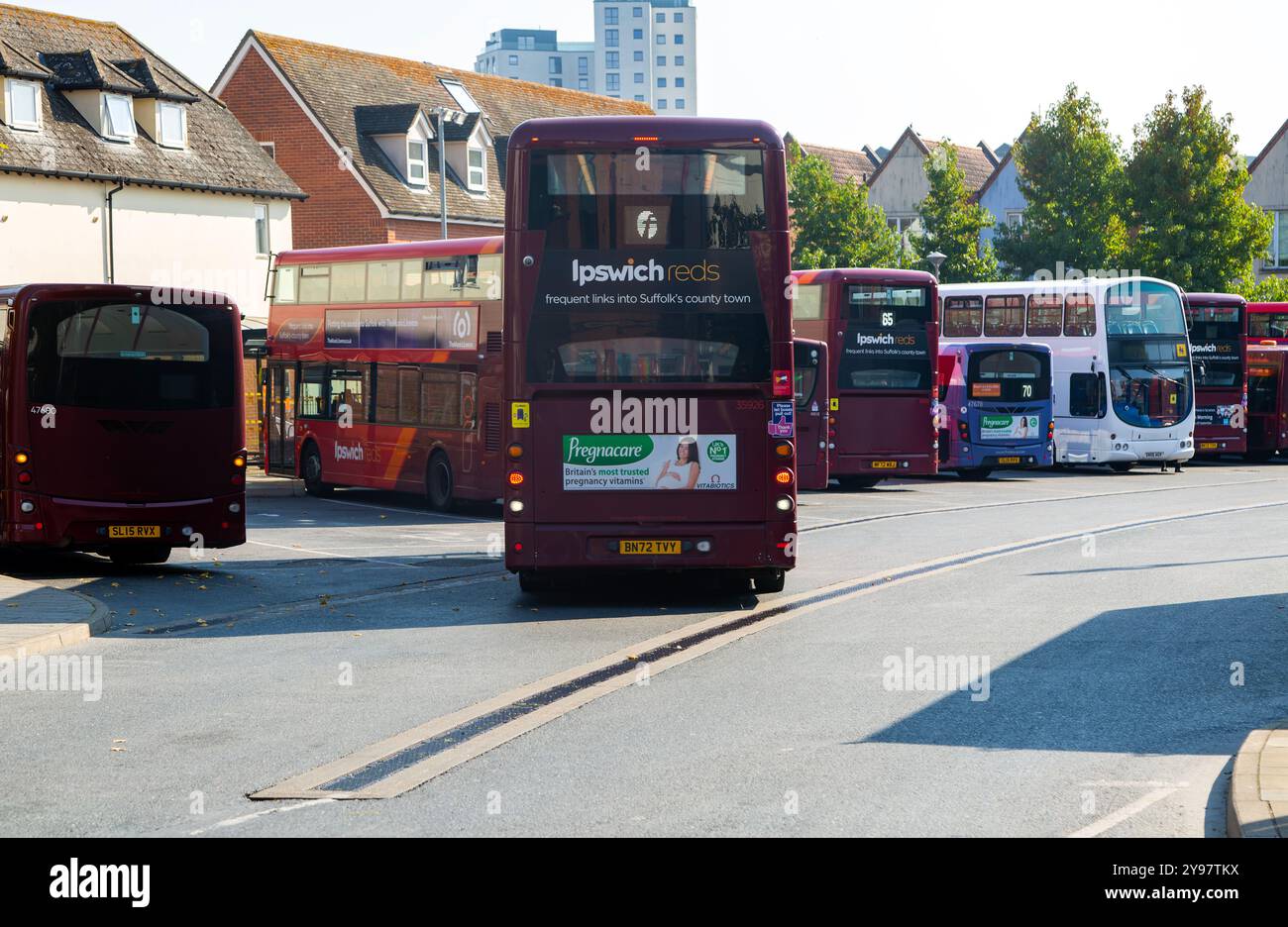 Ipswich Reds double decker Wright StreetDeck Micro Hybrid bus, Old Cattle Market bus station ...