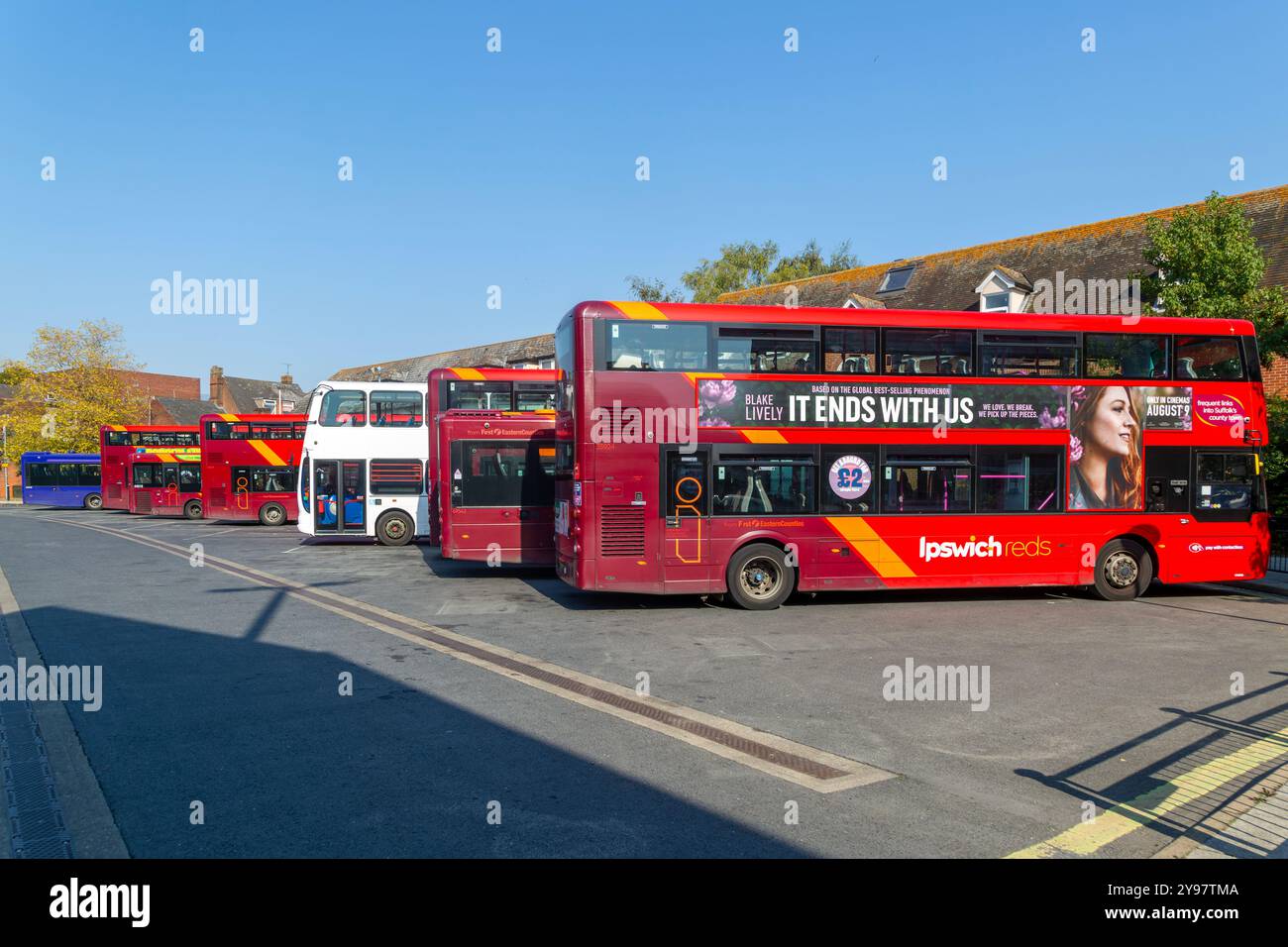 Ipswich Reds double decker bus, Old Cattle Market bus station, Ipswich ...