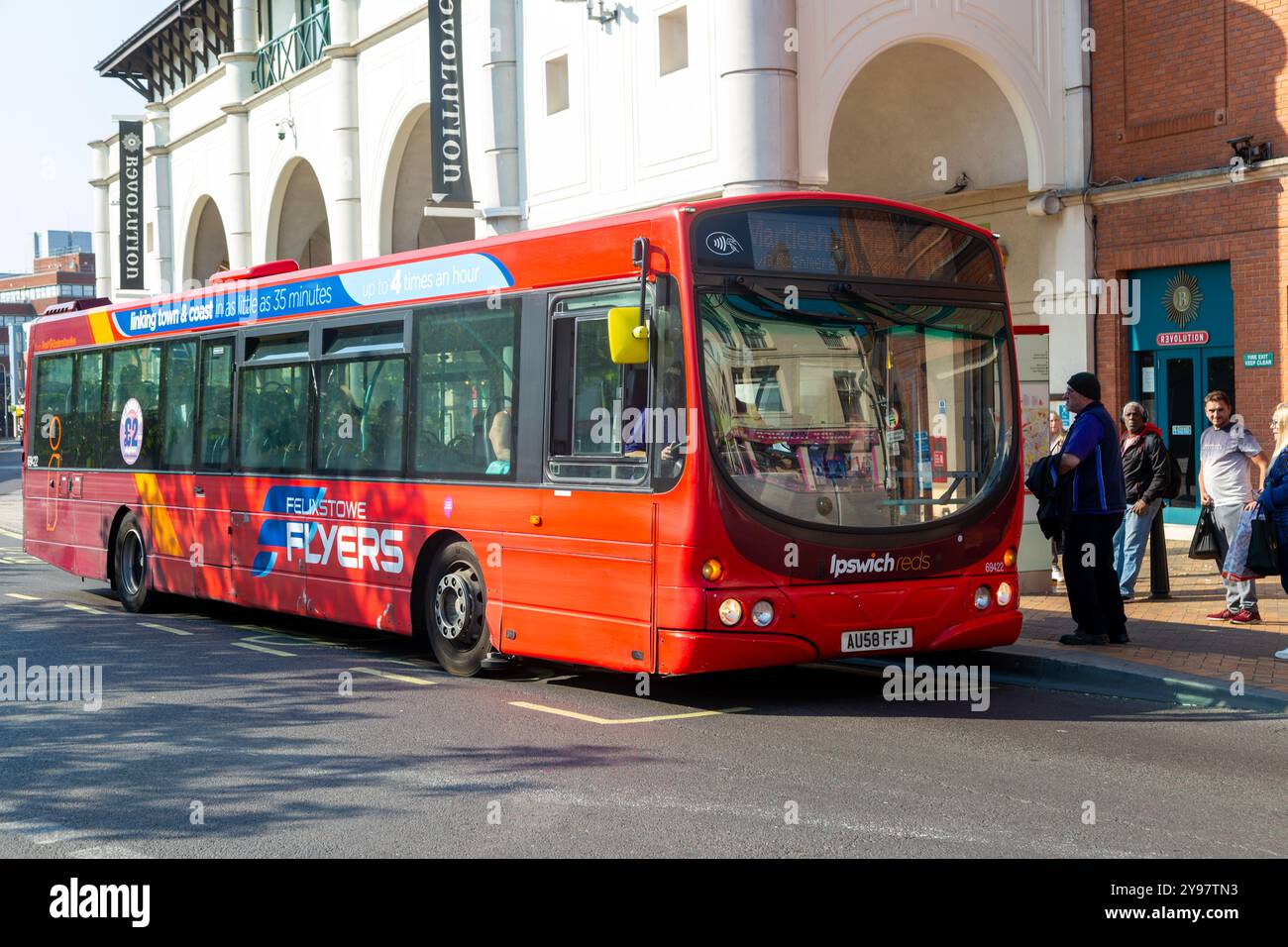 Ipswich Reds route 66 Volvo B7RLE Wright Eclipse Urban bus, Felixstowe Flyers, town centre of ...
