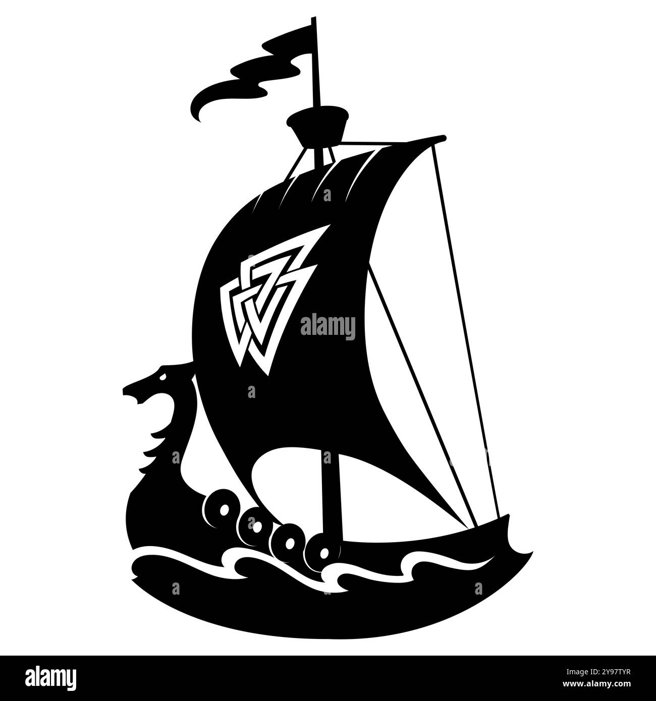 Scandinavian Viking design. Viking ship Drakkar sails on the waves of the stormy sea, on its ...