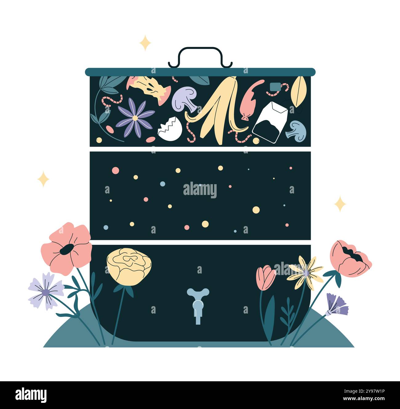 Composting. Food waste and leftovers biodegradation. Compost box full ...