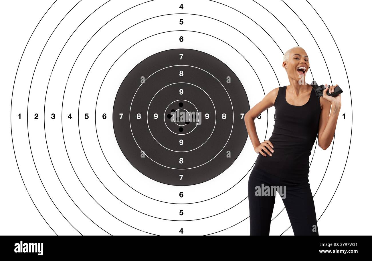 Hit the target, concept of achieving set goals. African smiling woman ...