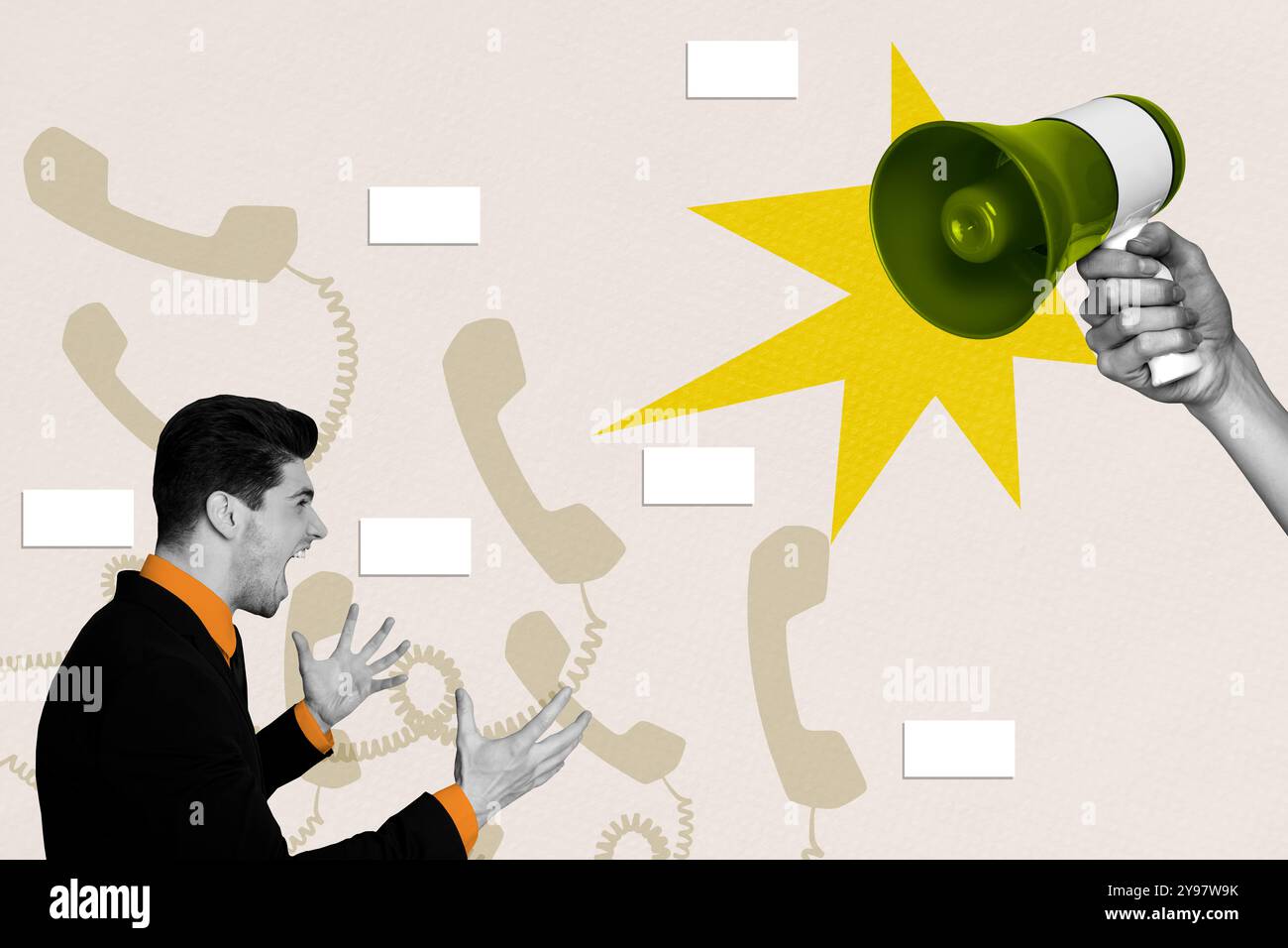 Composite photo collage of angry man scream protest hand hold megaphone ...