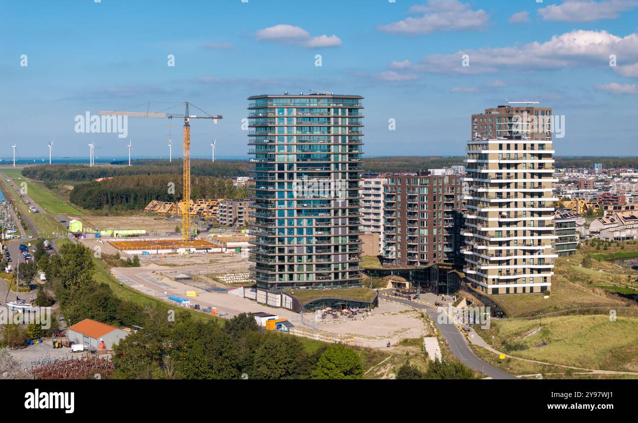 aerial view of the new high-rise district '"Almere Duin", Flevoland ...