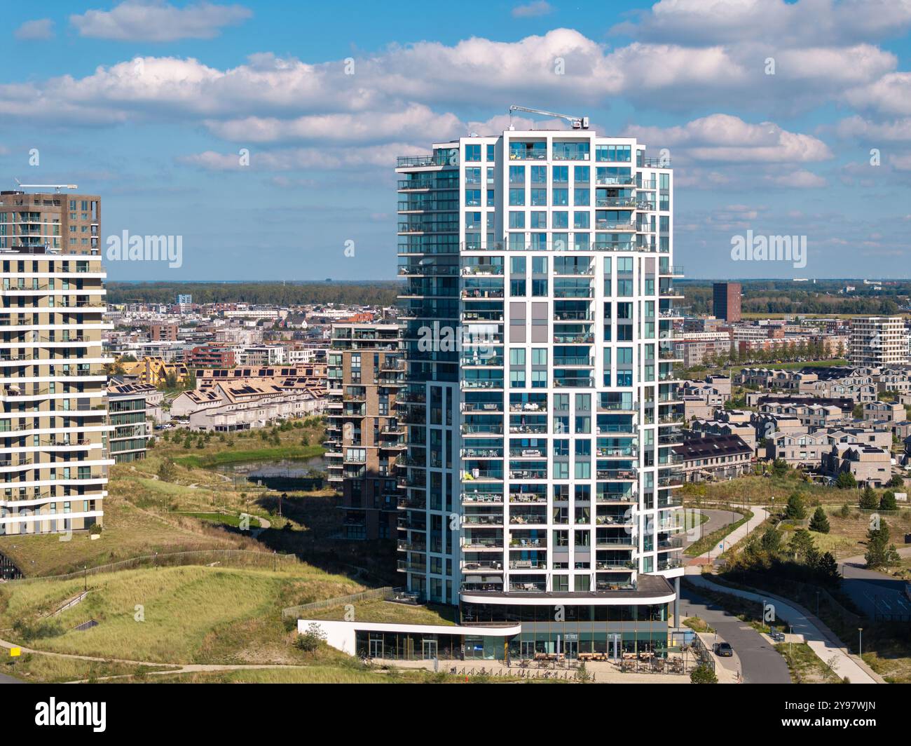 aerial view of the new high-rise district '"Almere Duin", Flevoland ...