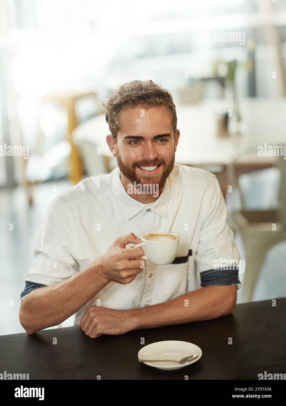Male person, thinking and restaurant with drinking coffee in small ...