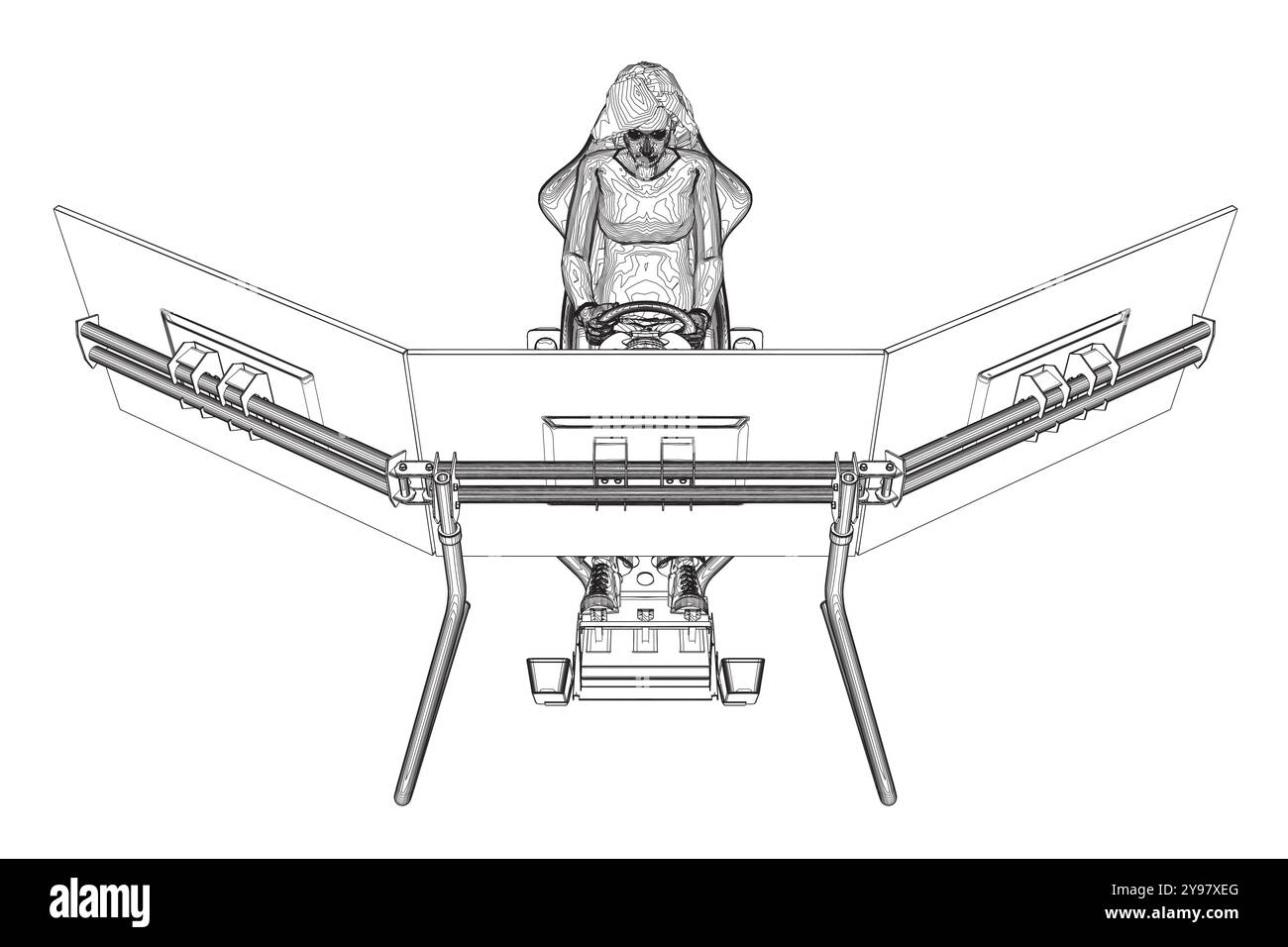 Outline of a girl sitting at a realistic gaming simulator with a ...