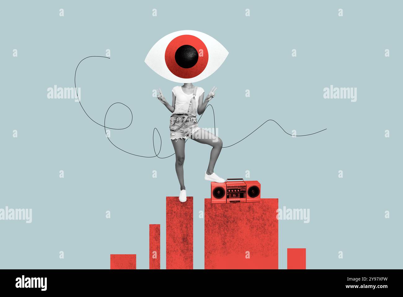 Creative collage young headless woman giant eye stare look watch ...