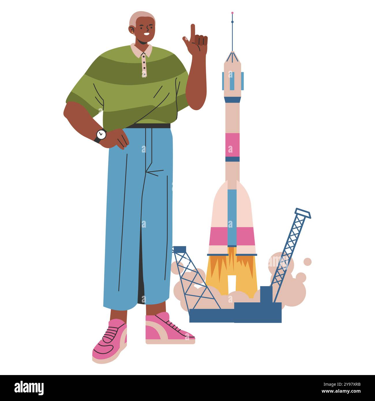 Young businessman concept. Aspiring entrepreneur with a space rocket ...