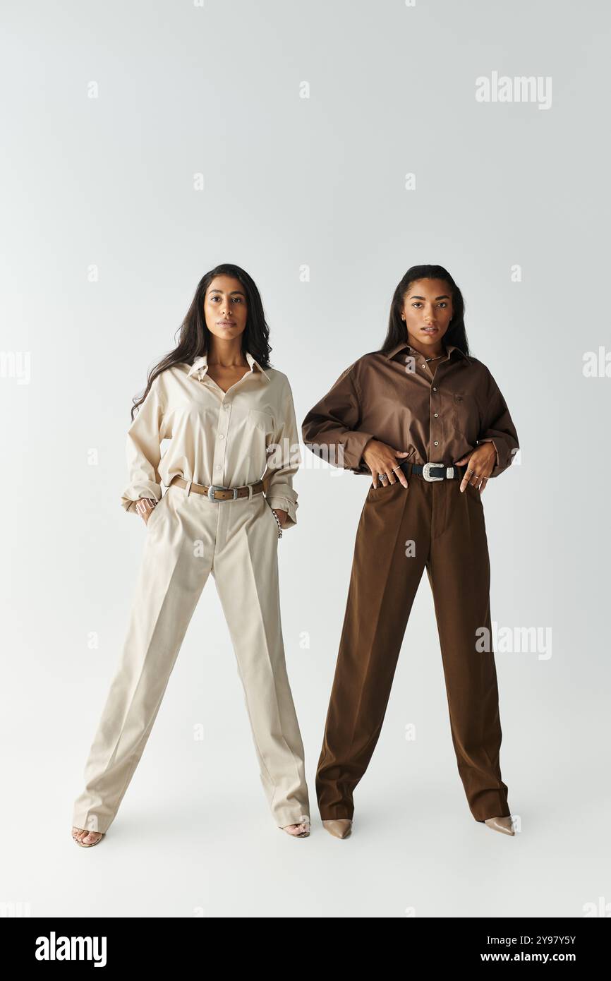 Two young women in chic outfits confidently pose together in a bright ...