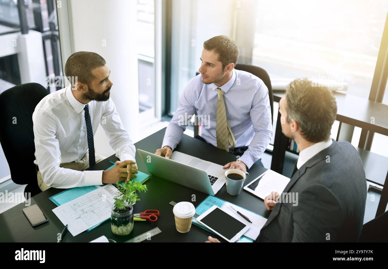 Business, architect and men with meeting in office for project ...