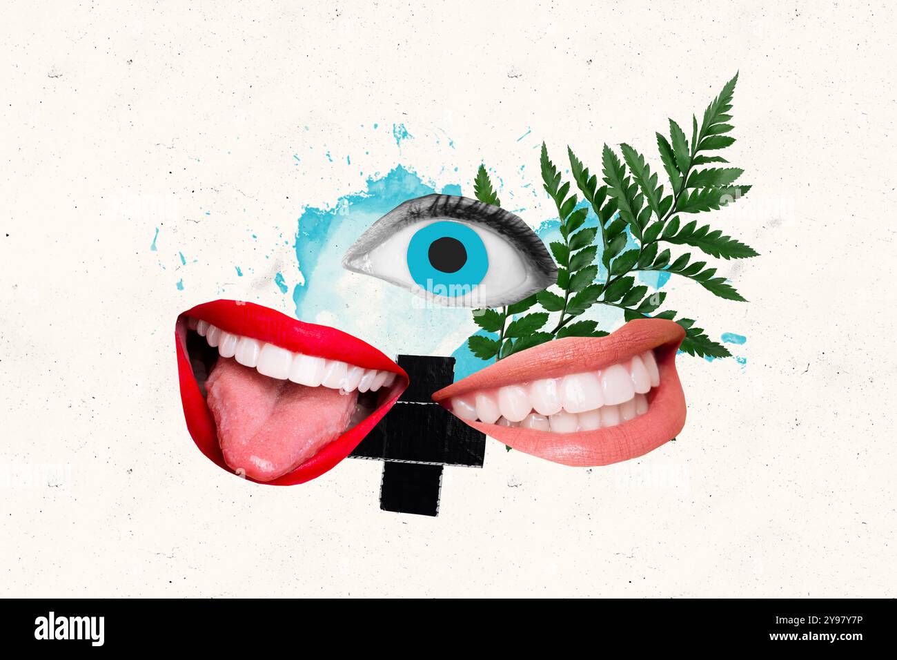 Creative collage woman face fragments eye vision eyesight mouth smile ...