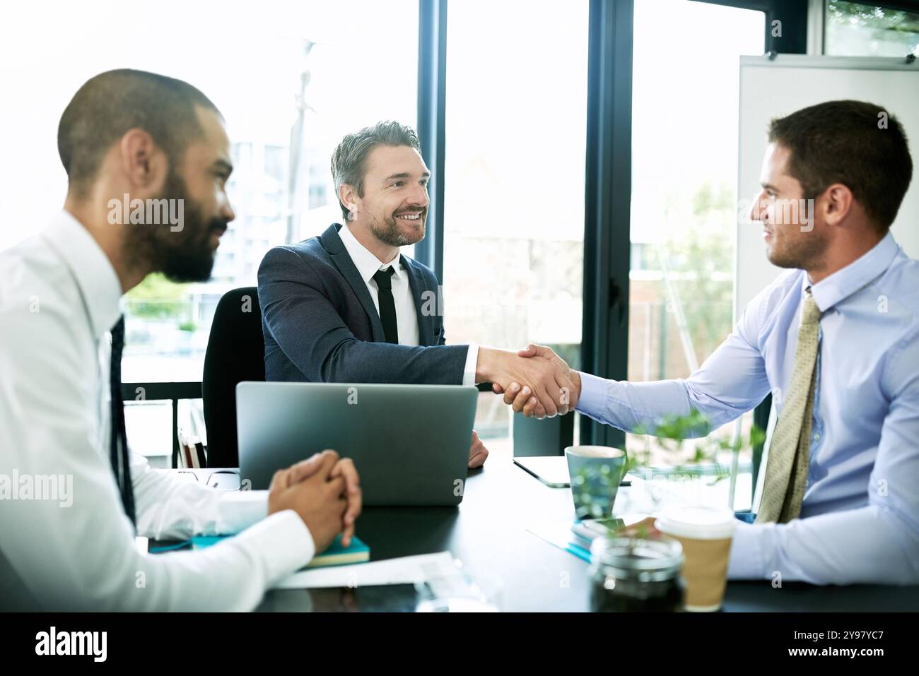 Business people, men and handshake for partnership in meeting with ...
