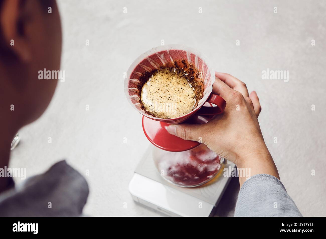 Manual Coffee Brewing Process With Pour-Over Funnel at Cafe During the ...