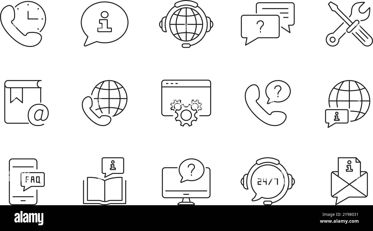 Customer Support and Global Communication Tools Line Icon Set. Customer Service Outline Symbol ...