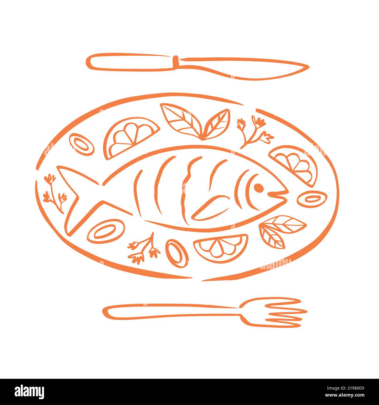 Drawn fish on plate Cut Out Stock Images & Pictures - Alamy