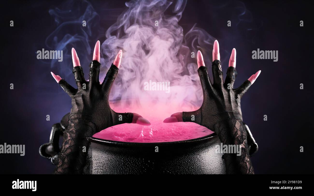Witch’s hands over bubbling cauldron with pink potion,casting a magic ...