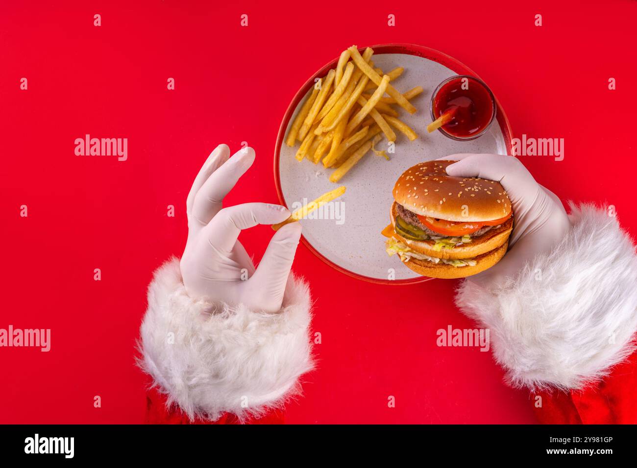 Christmas burger and french fries delivery menu. Santa hands with big ...