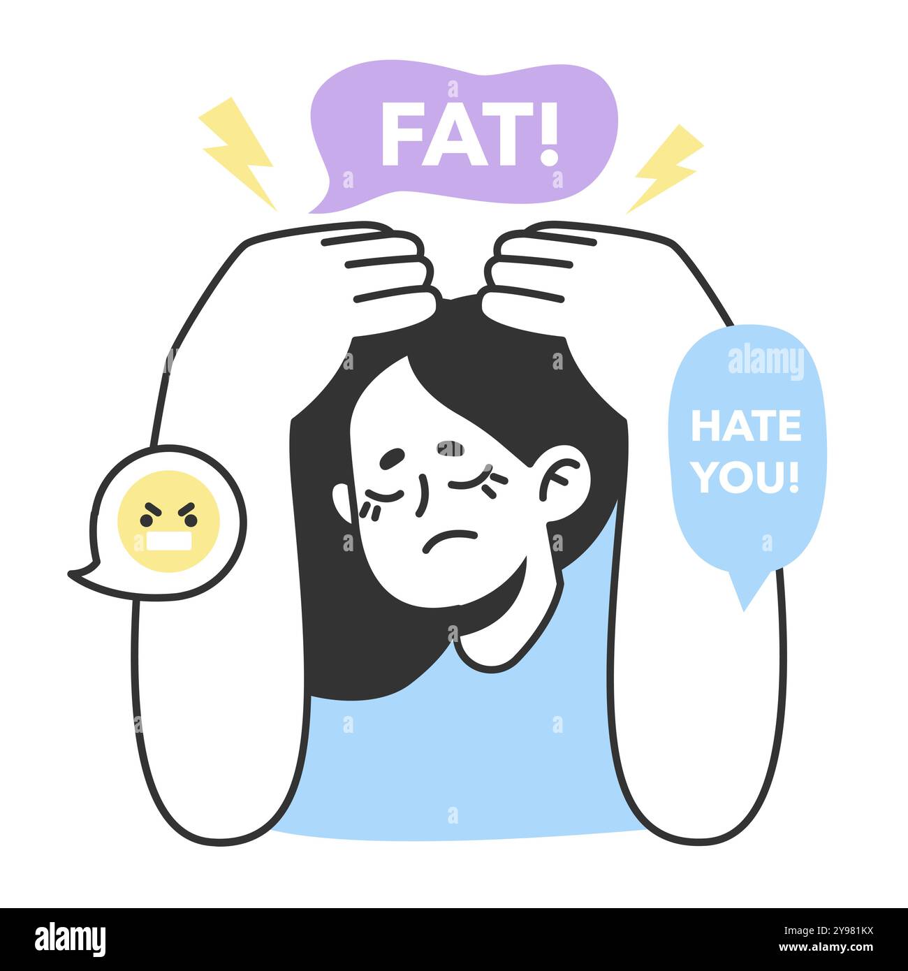 Bullying. Suppression and harassment, sad character being verbaly ...